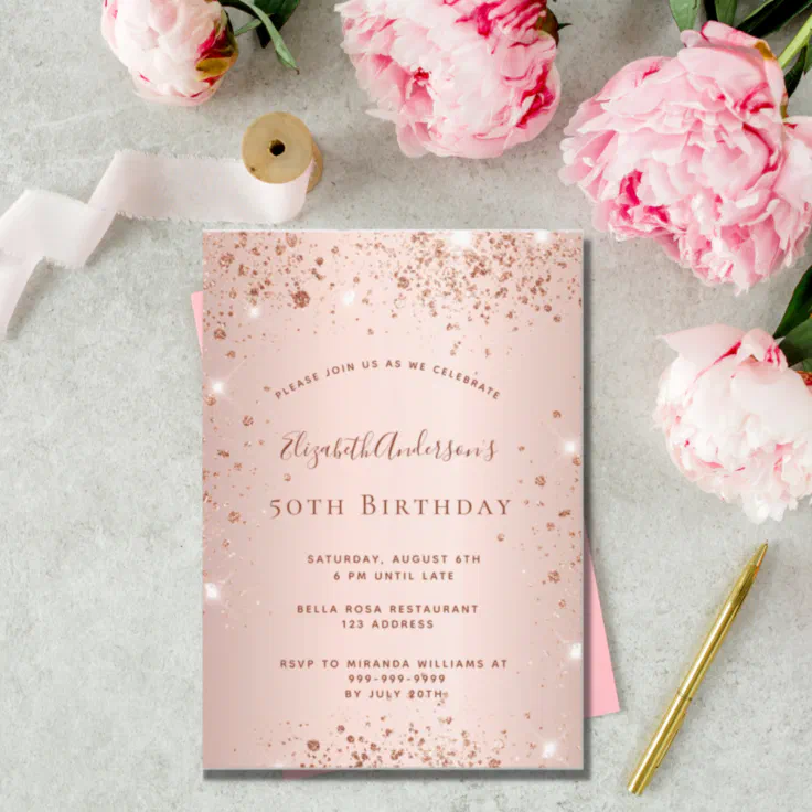 Birthday party rose gold blush glitter sparkle invitation | Zazzle