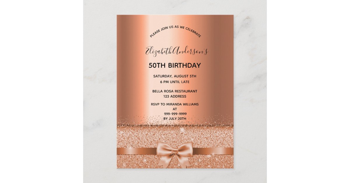 Birthday party rose gold elegant invitation postcard | Zazzle