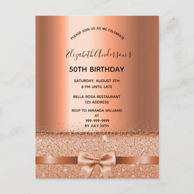 Birthday party rose gold elegant invitation postcard | Zazzle