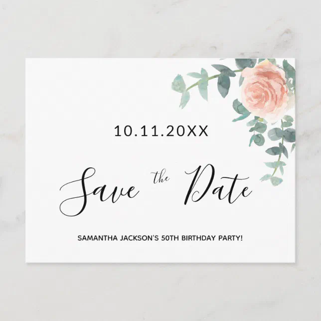Birthday party rose gold floral save the date postcard | Zazzle