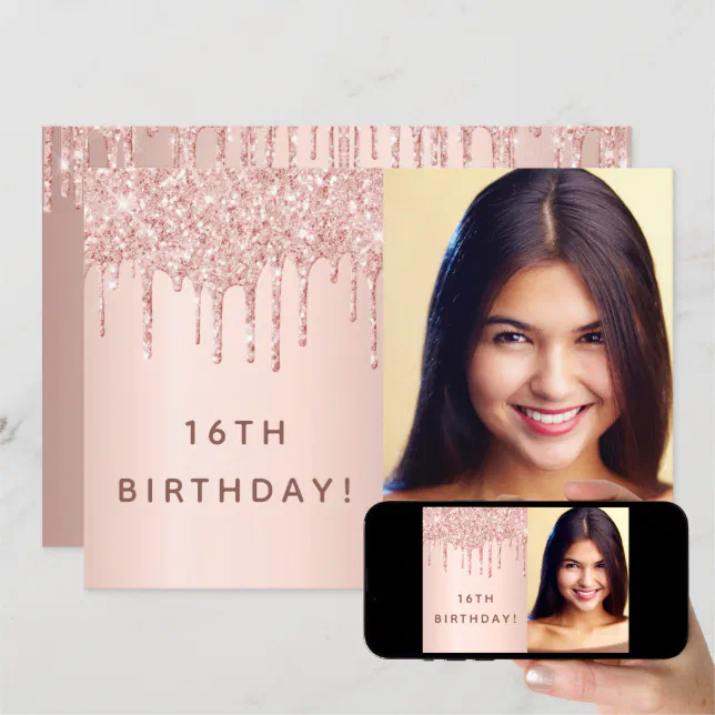 Birthday Party Rose Gold Glitter Custom Photo Glam Invitation Zazzle