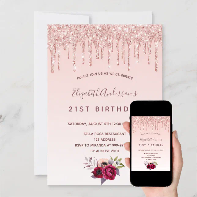 Birthday Party Rose Gold Glitter Drips Floral Invitation Zazzle