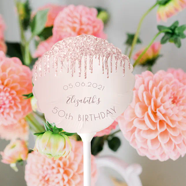 Birthday party rose gold glitter drips glam balloon | Zazzle