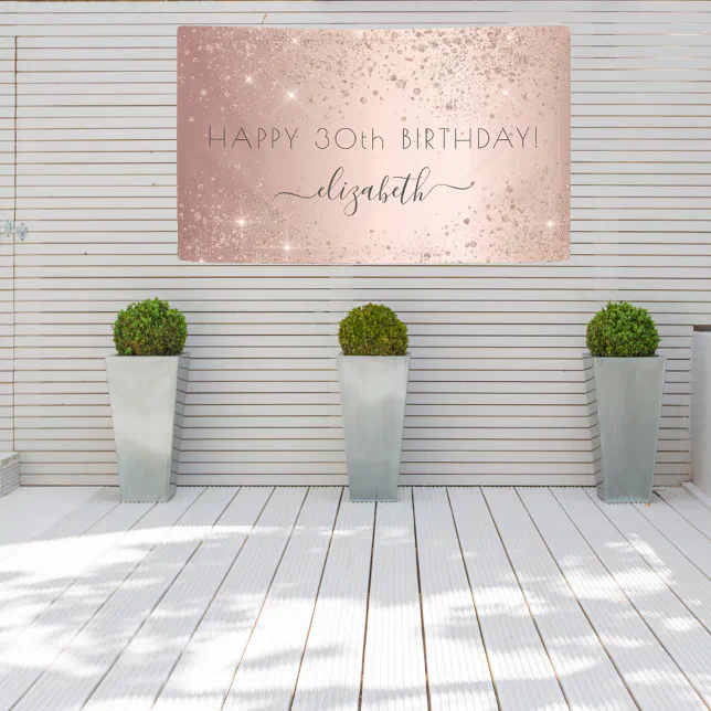 Birthday party rose gold glitter dust name glam banner | Zazzle