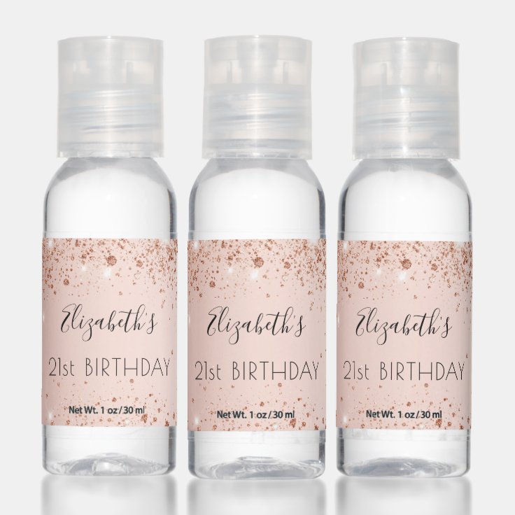 Birthday party rose gold glitter dust name hand sanitizer | Zazzle