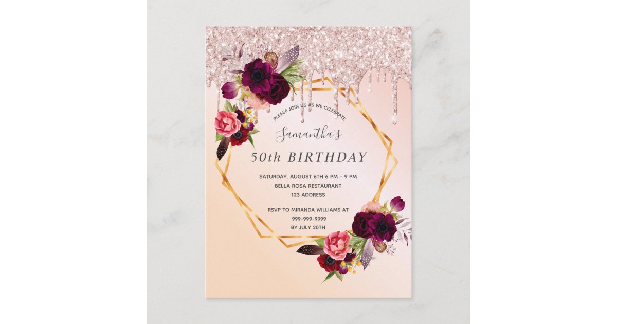 Birthday party rose gold glitter floral invitation postcard | Zazzle