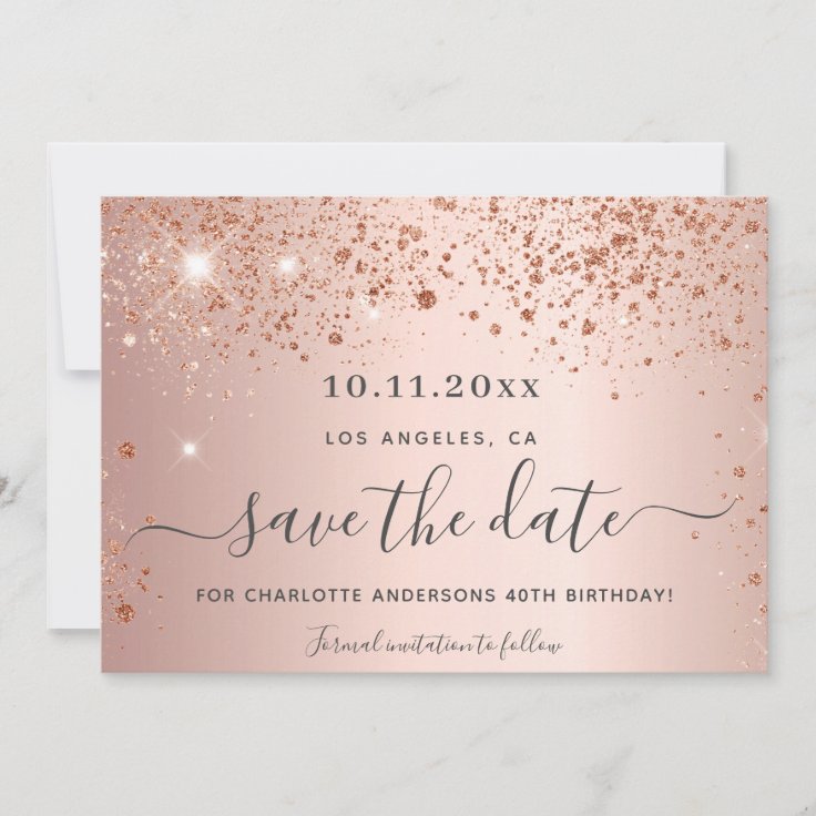 Birthday party rose gold glitter save the date | Zazzle