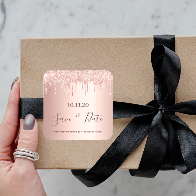 Birthday Party rose gold glitter save the date Square Sticker | Zazzle