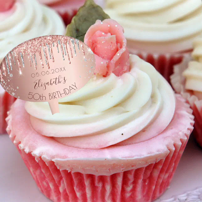 Birthday party rose gold glitter silver monogram cake topper | Zazzle