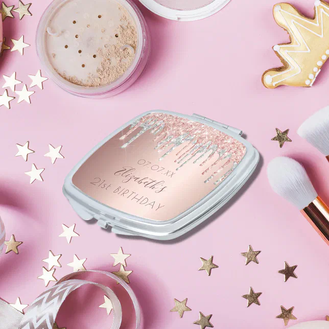 Birthday party rose gold glitter silver monogram compact mirror | Zazzle