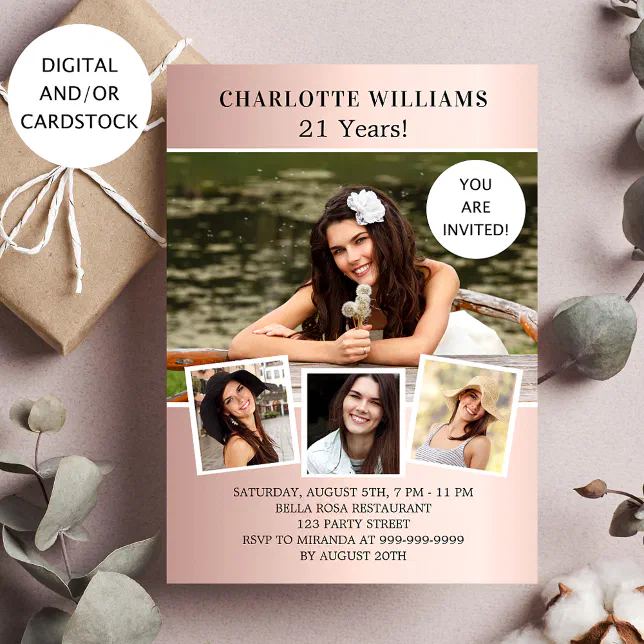 Birthday party rose gold photo collage invitation | Zazzle