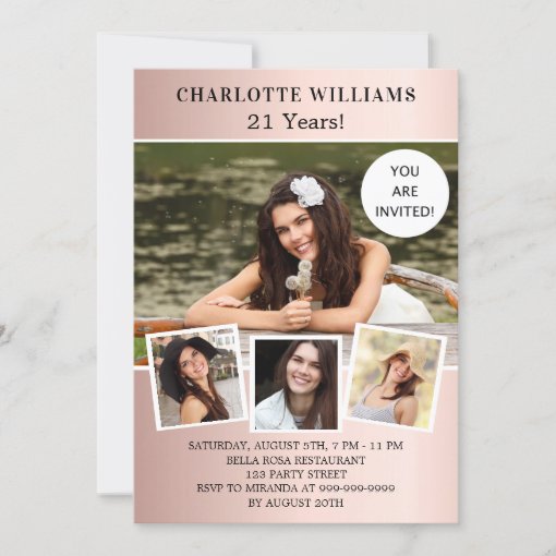Birthday party rose gold photo collage invitation | Zazzle