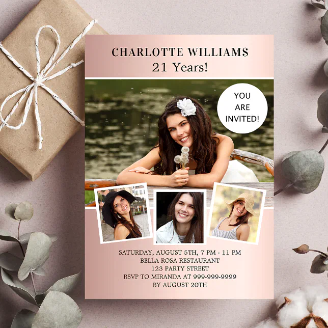 Birthday party rose gold photo collage luxury invitation | Zazzle