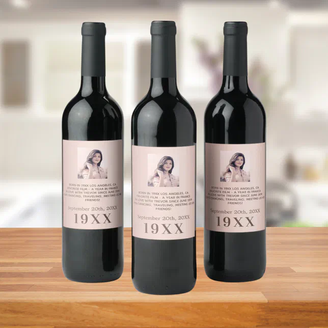 Birthday party rose gold year born photo bio wine label | Zazzle