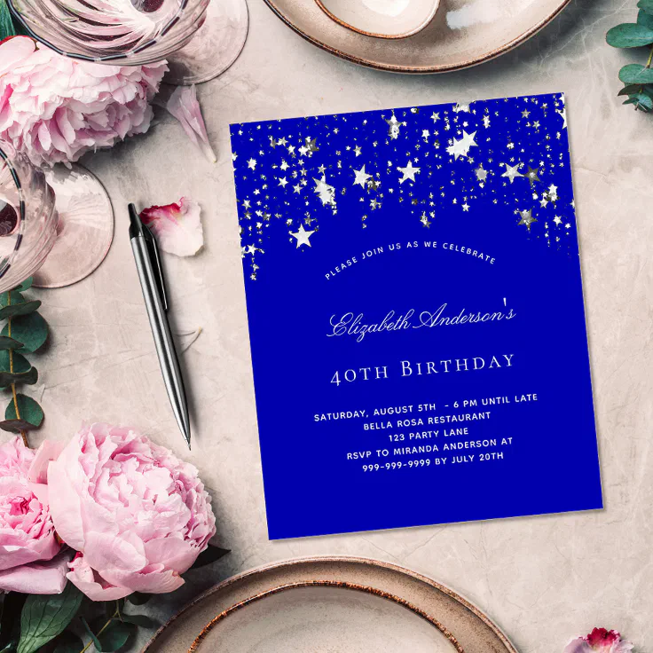 Birthday party royal blue stars budget invitation flyer | Zazzle