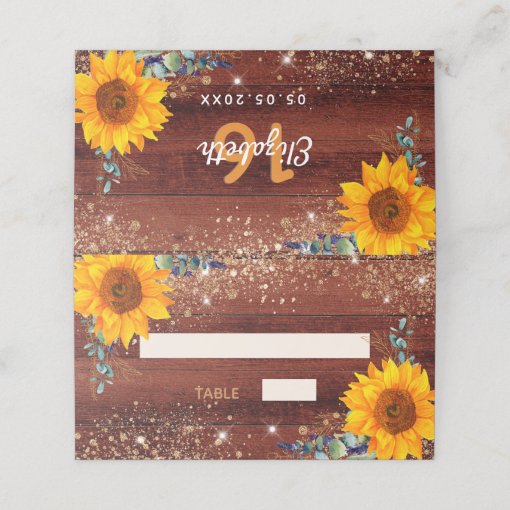 Birthday party rustic sunflower eucalyptus glitter place card | Zazzle