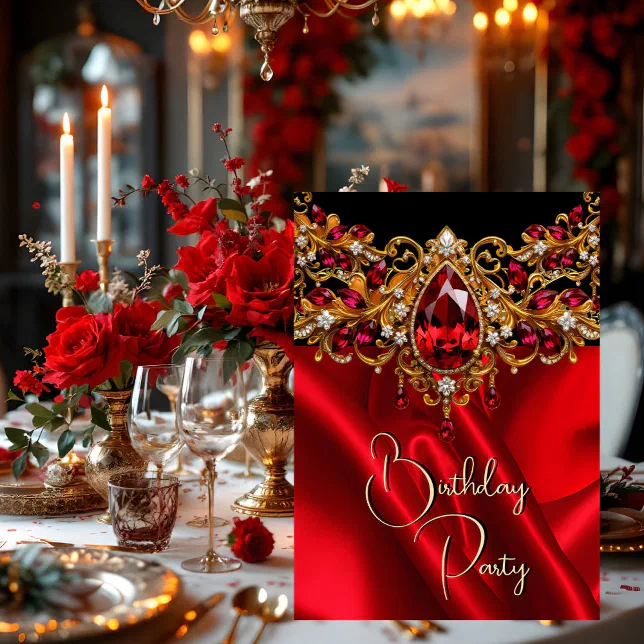 Birthday Party Silk Ruby Red jewel Gem Black Invitation | Zazzle