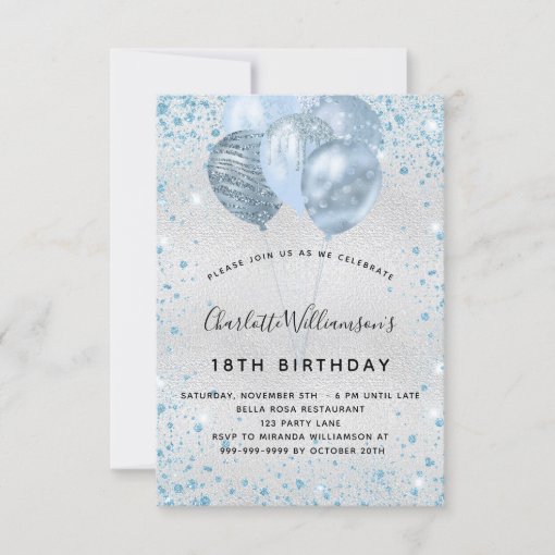 Birthday party silver blue glitter dust balloons invitation | Zazzle