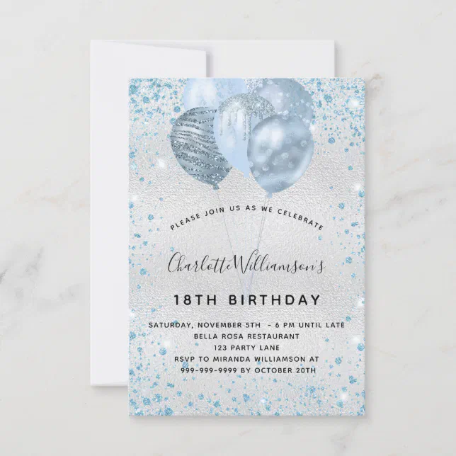 Birthday party silver blue glitter dust balloons invitation | Zazzle