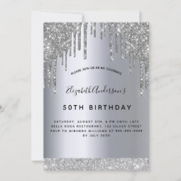 Birthday party silver glitter drips glamorous invitation | Zazzle