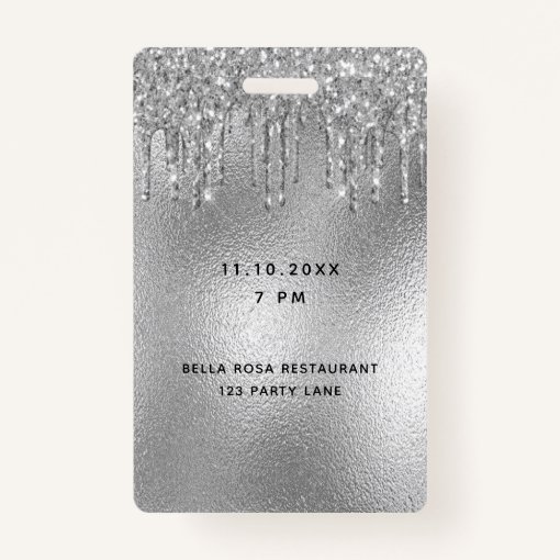 Birthday party silver glitter drips luxury vip badge | Zazzle