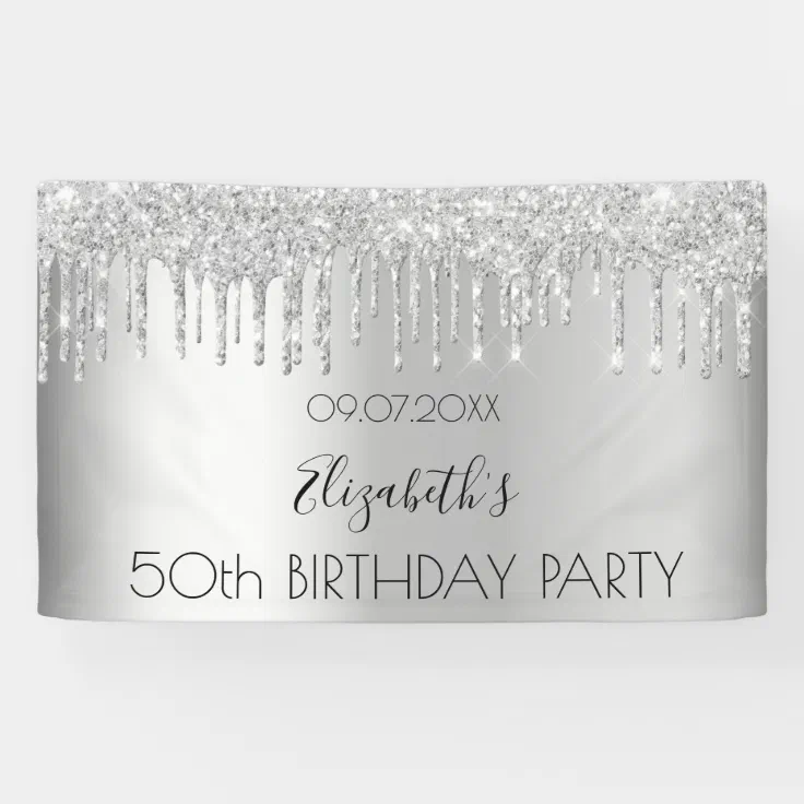 Birthday party silver glitter drips sparkle glam banner | Zazzle