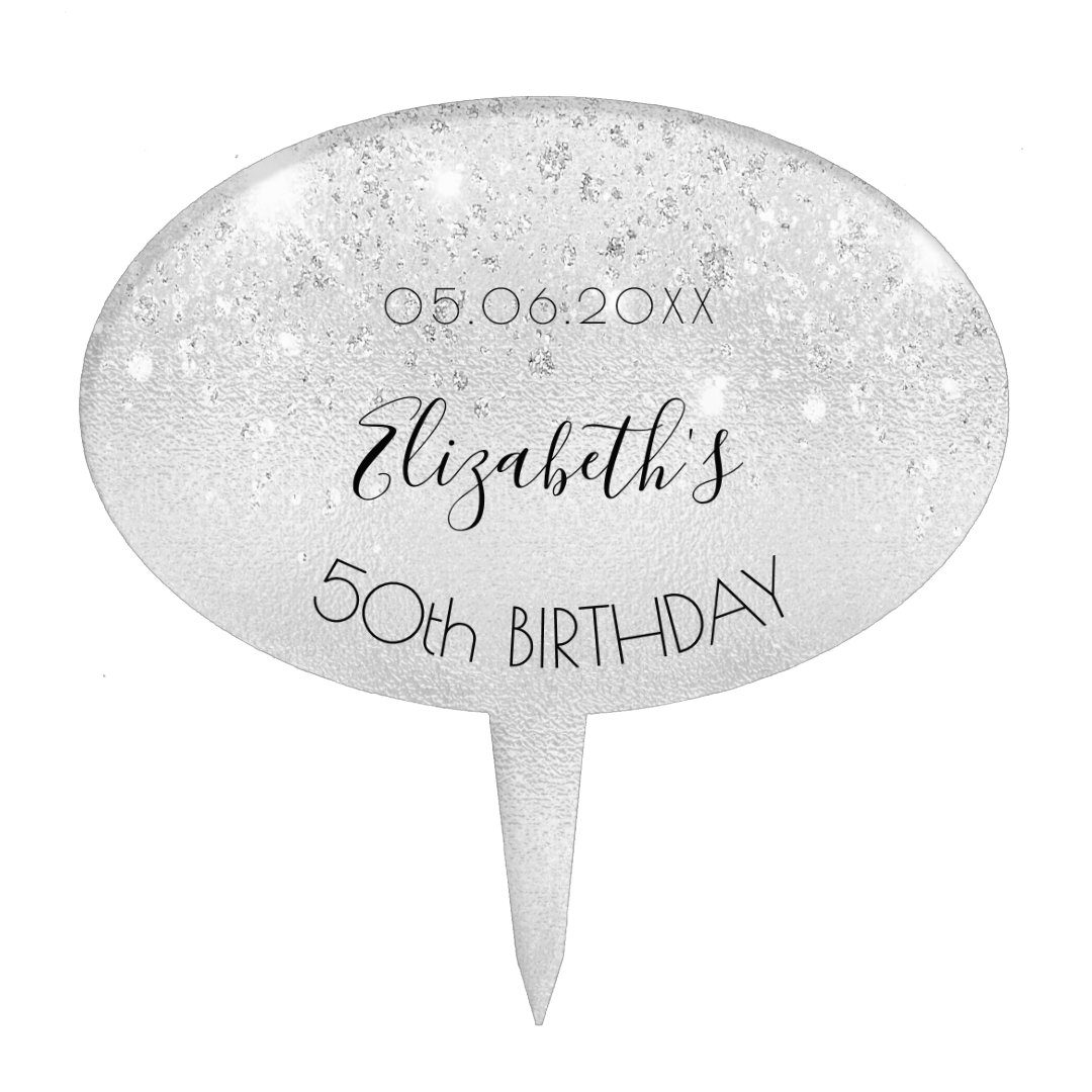 Birthday party silver glitter dust name cake topper | Zazzle