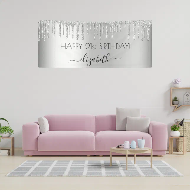 Birthday party silver glitter sparkle glam banner | Zazzle