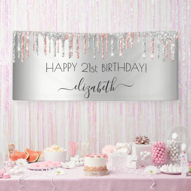 Birthday party silver rose gold glitter pink glam banner | Zazzle