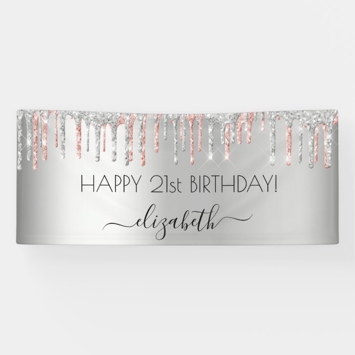 Birthday party silver rose gold glitter pink glam banner | Zazzle.com