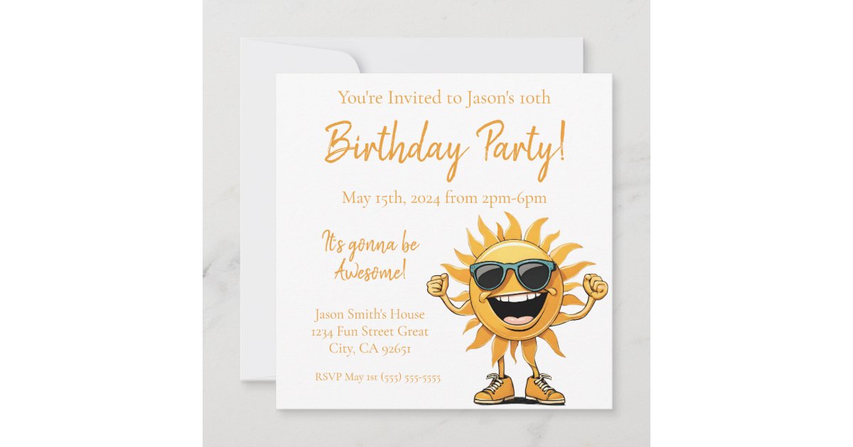 Birthday Party-Smiling Sun with Sunglasses Invitation | Zazzle