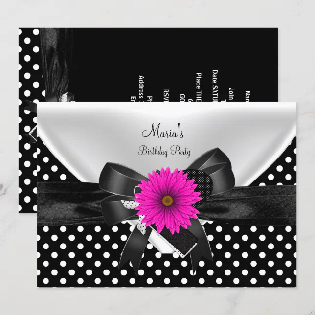 Birthday Party Spot Polka Dot Black White Pink 4 Invitation | Zazzle