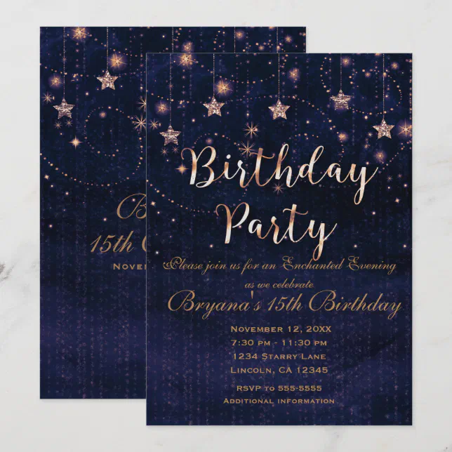 Birthday Party Starry Night Whimsical Purple Gold Invitation | Zazzle