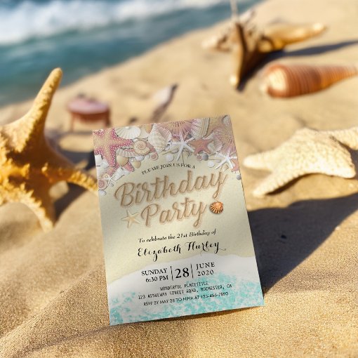 Birthday Party Summer Beach Starfish Sea shells Invitation | Zazzle