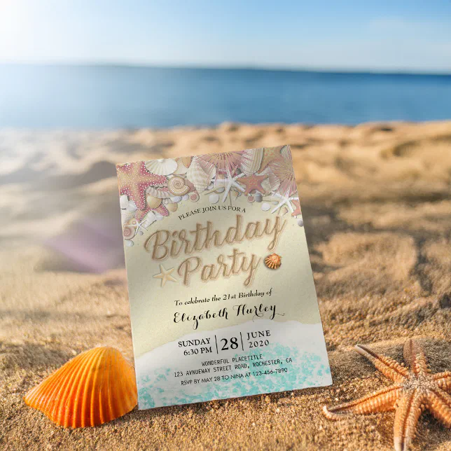 Birthday Party Summer Beach Starfish Sea shells Invitation | Zazzle