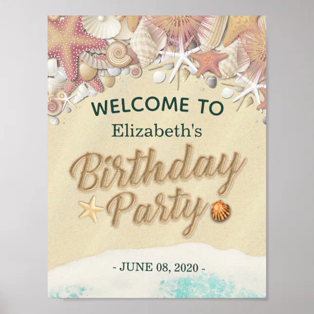 Birthday Party Summer Beach Starfish Sea Welcome Poster | Zazzle