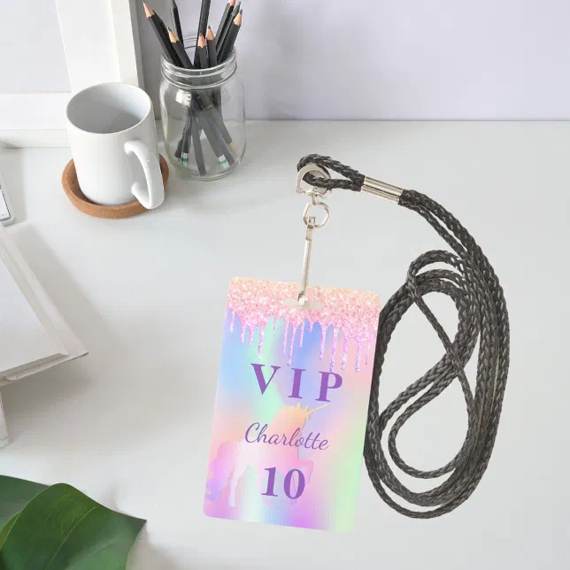 Birthday party unicorn glitter name VIP invitation Badge | Zazzle