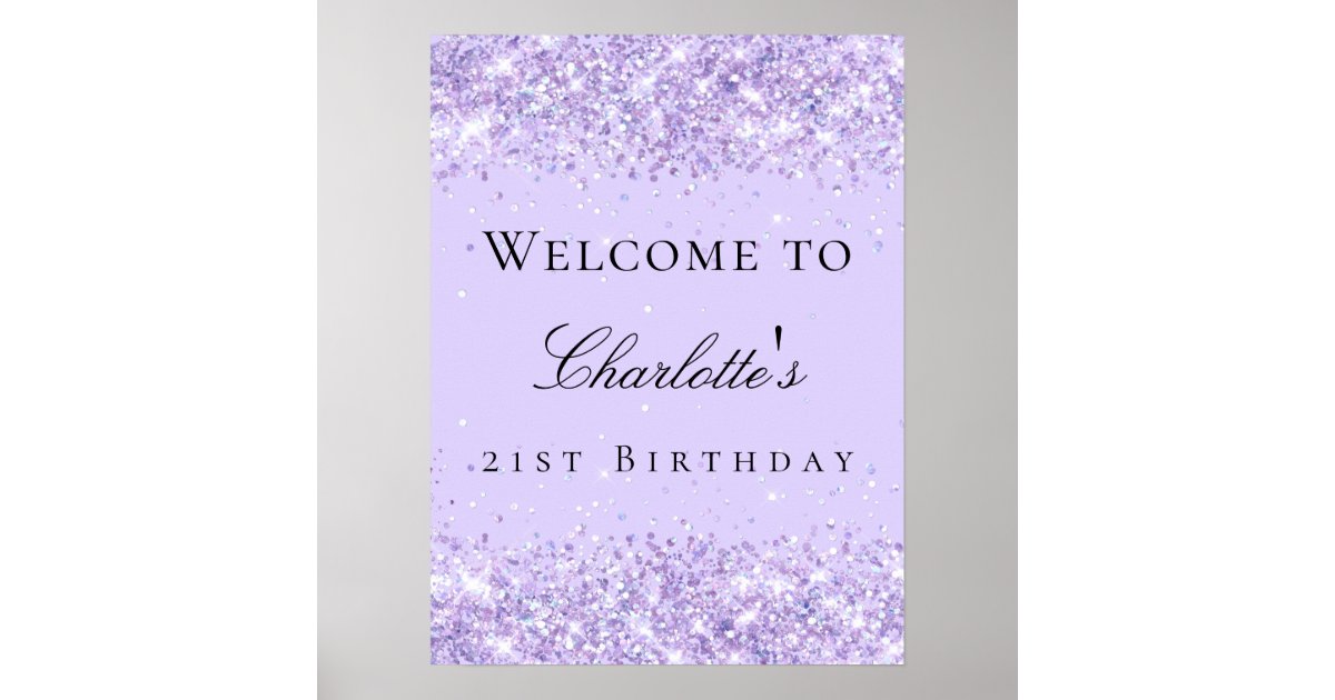 Birthday party violet lavender glitter name poster | Zazzle