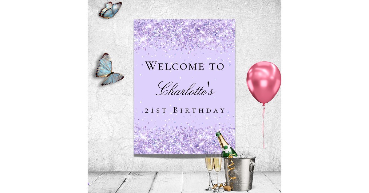 Birthday party violet lavender glitter name poster | Zazzle