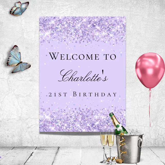 Birthday party violet lavender glitter name poster | Zazzle