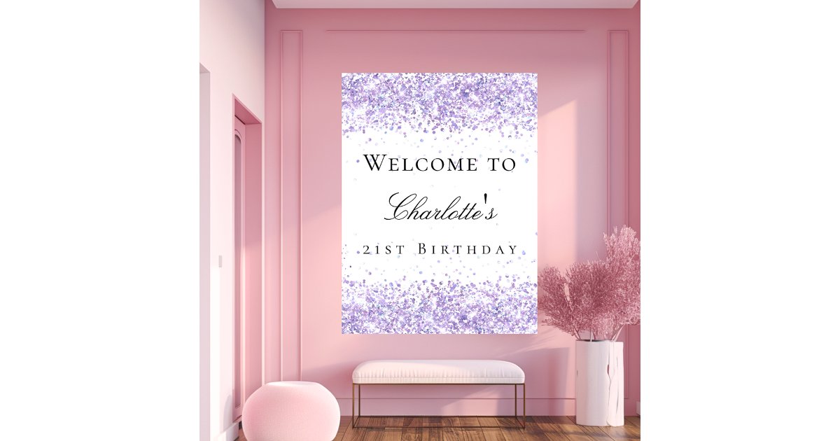Birthday party violet lavender white name poster | Zazzle
