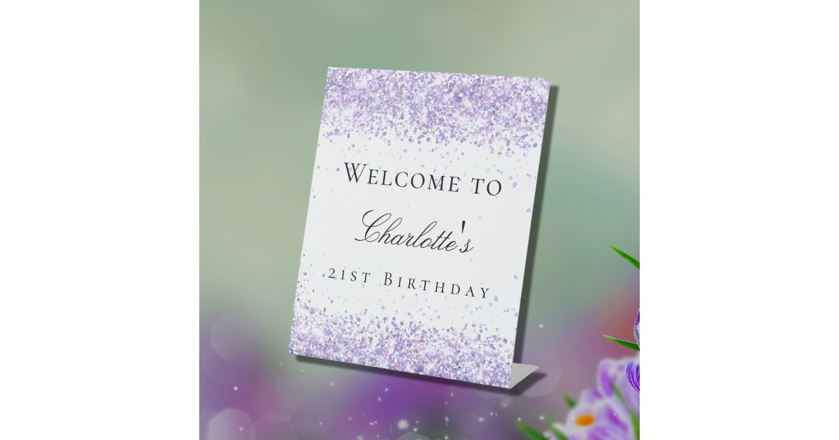 Birthday party violet lavender white welcome pedestal sign | Zazzle