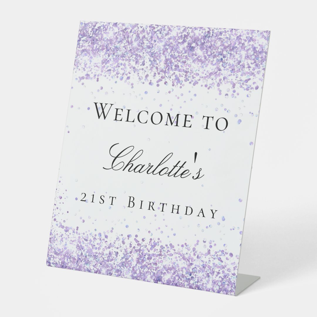 Birthday party violet lavender white welcome pedestal sign | Zazzle