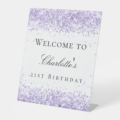 Birthday party violet lavender white welcome pedestal sign | Zazzle