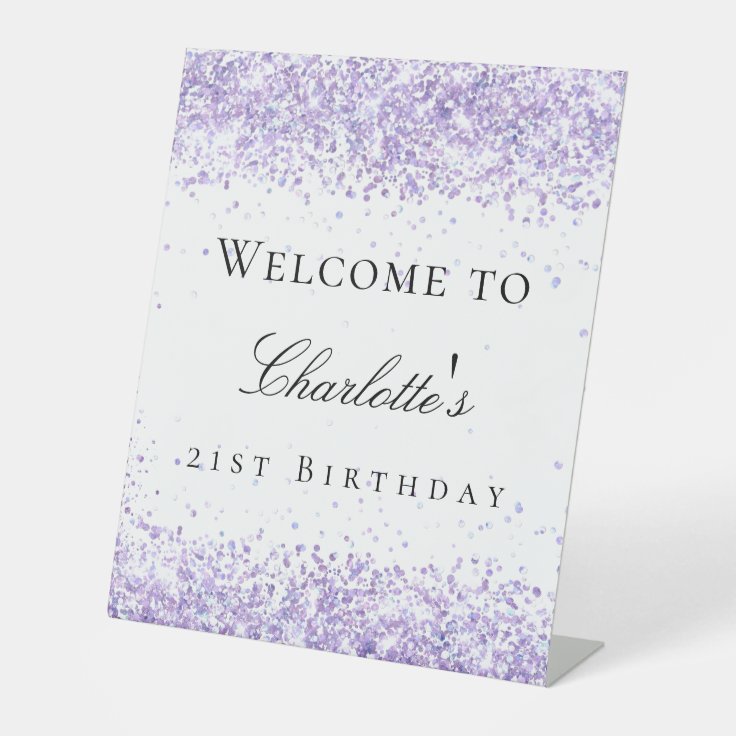 Birthday party violet lavender white welcome pedestal sign | Zazzle