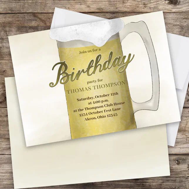 Birthday Party Watercolor Golden Frosty Beer Glass Invitation | Zazzle