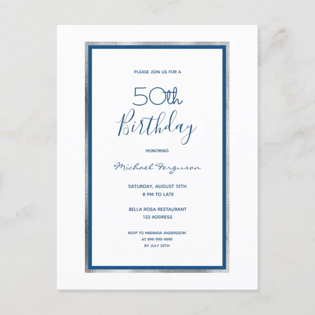 Birthday party white blue silver simple invitation postcard | Zazzle