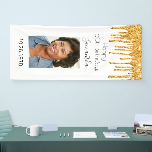 Birthday party white gold photo glitter glam banner | Zazzle