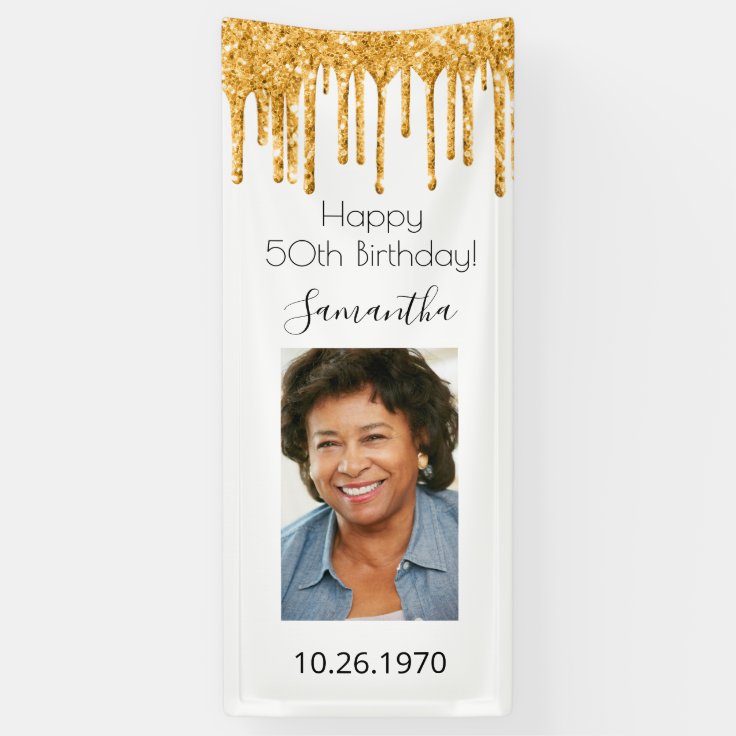 Birthday party white gold photo glitter glam banner | Zazzle