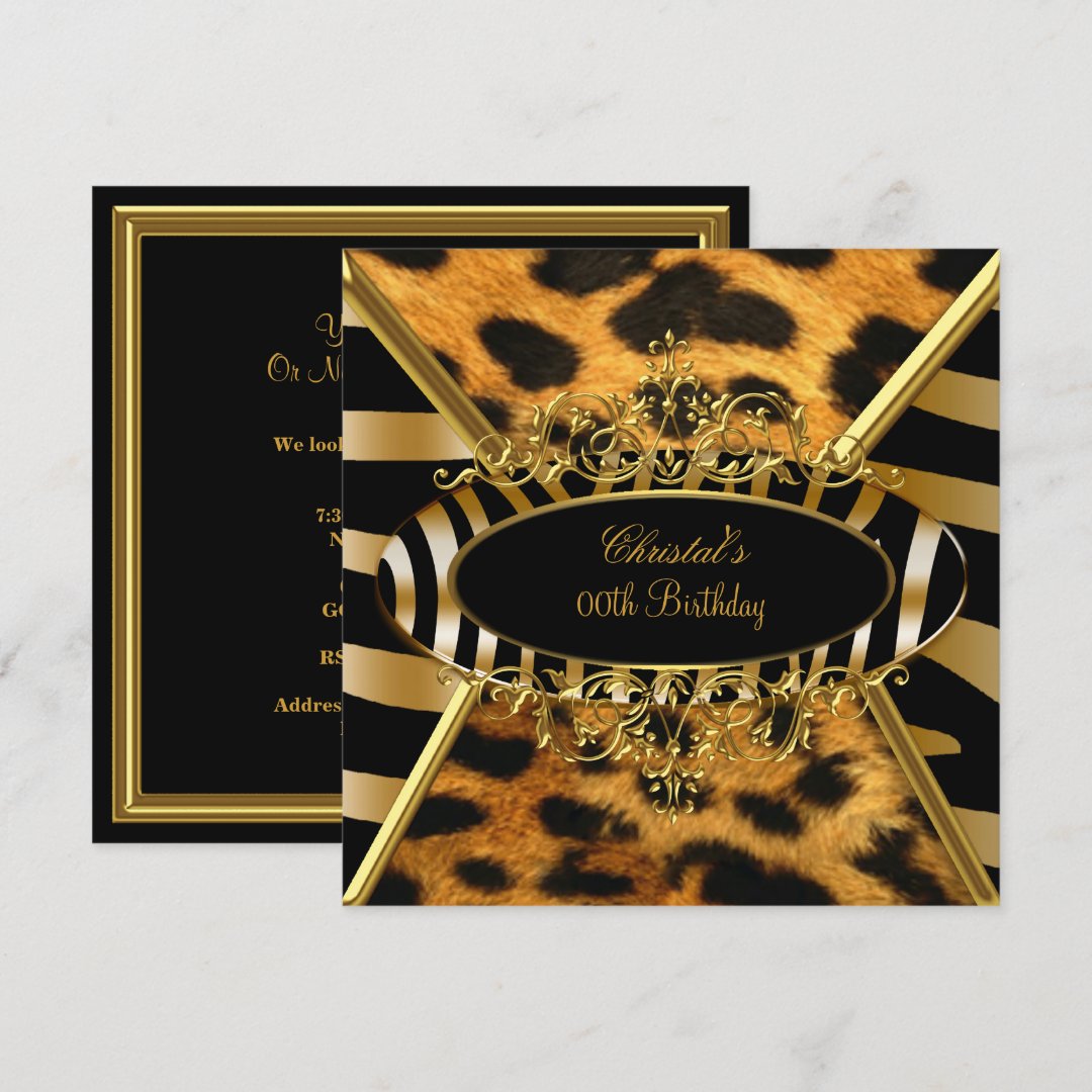 Birthday Party Wild Gold Black Zebra Leopard Invitation | Zazzle